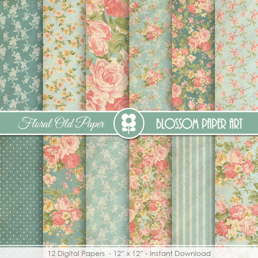 Teal Floral Digital Paper, Floral Digital Paper Pack, Vintage Scrapbook ...