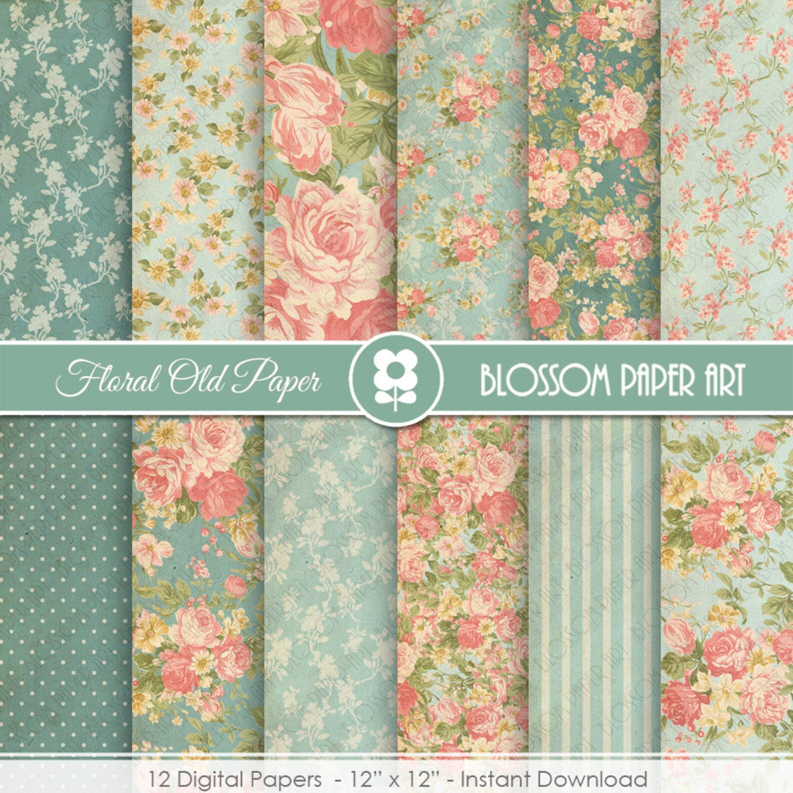 Teal Floral Digital Paper Floral Digital Paper Pack Vintage - Etsy