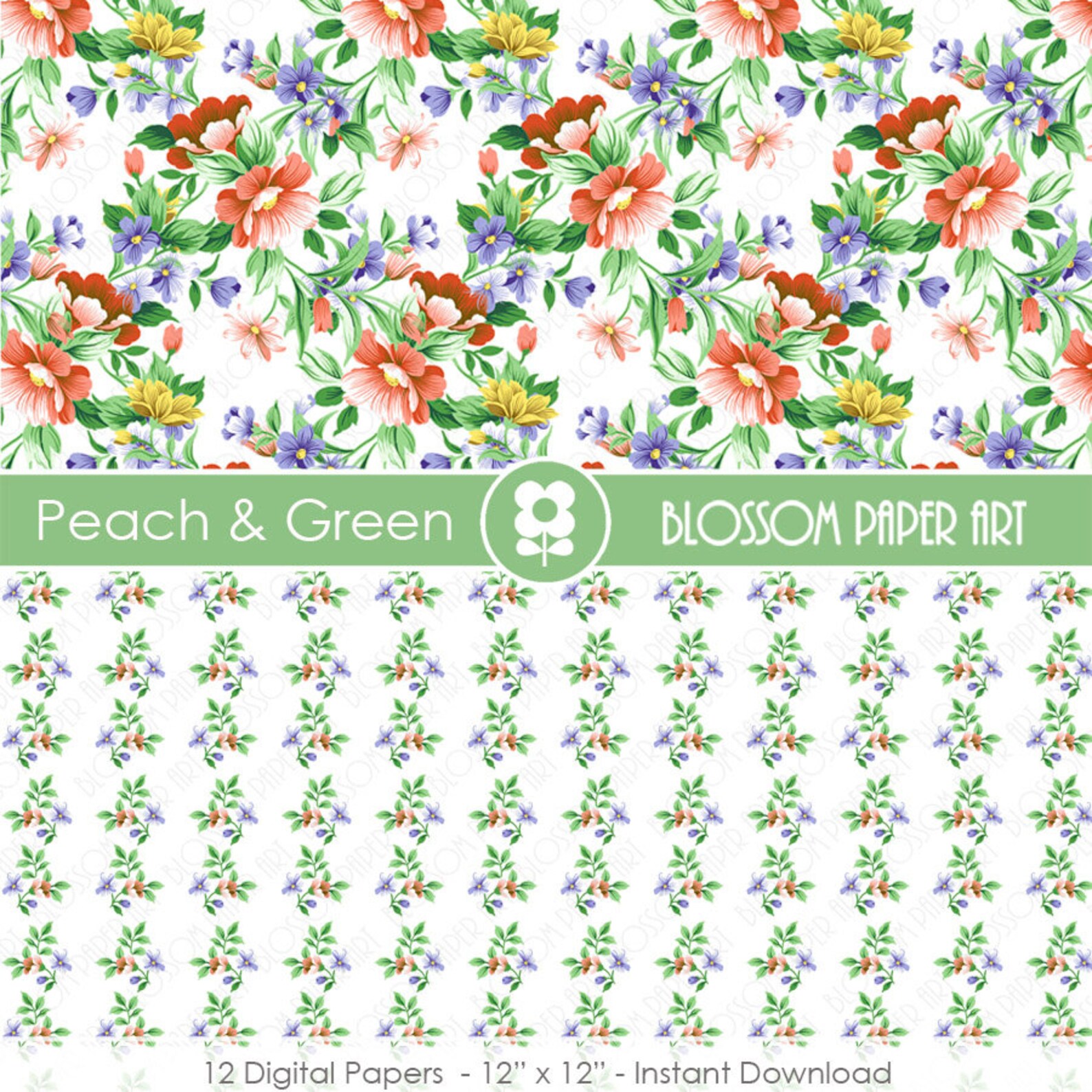 Peach Green Floral Digital Paper: Scrapbooking Designs (instant ...