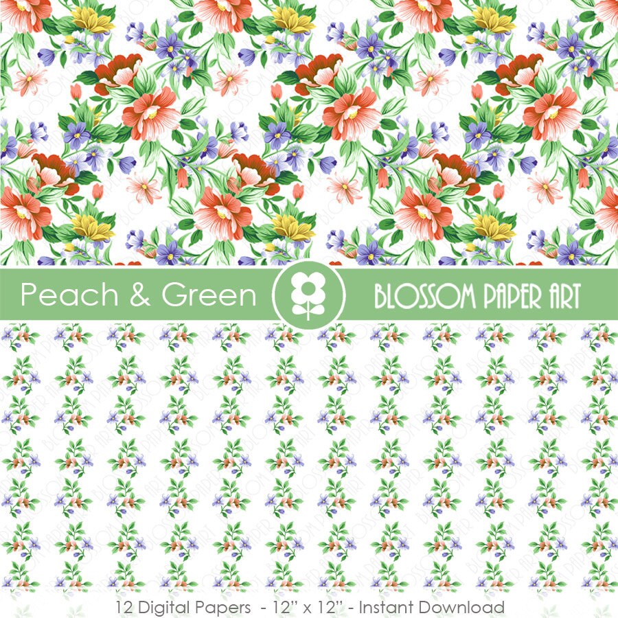 Floral Papers Peach Green Floral Digital Paper Peach Green - Etsy