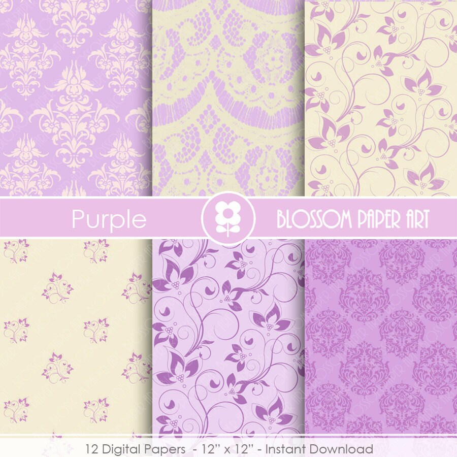 Purple Damask Digital Paper Pack: Floral Wedding Scrapbook (digital ...