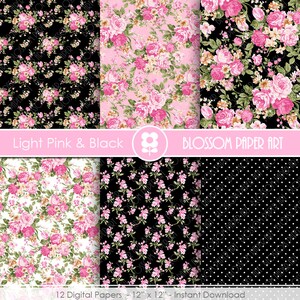 Light Pink Floral Digital Paper, Pink and Black Digital Paper Pack ...