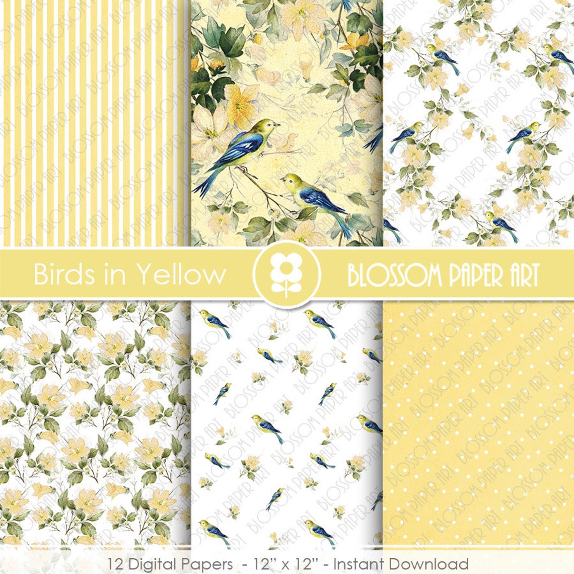 Birds Digital Paper Yellow Digital Paper Scrapbook Paper | Etsy