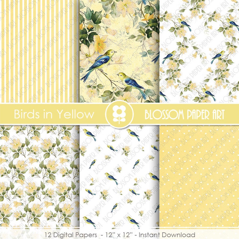 Birds Digital Paper Yellow Digital Paper Scrapbook Paper - Etsy