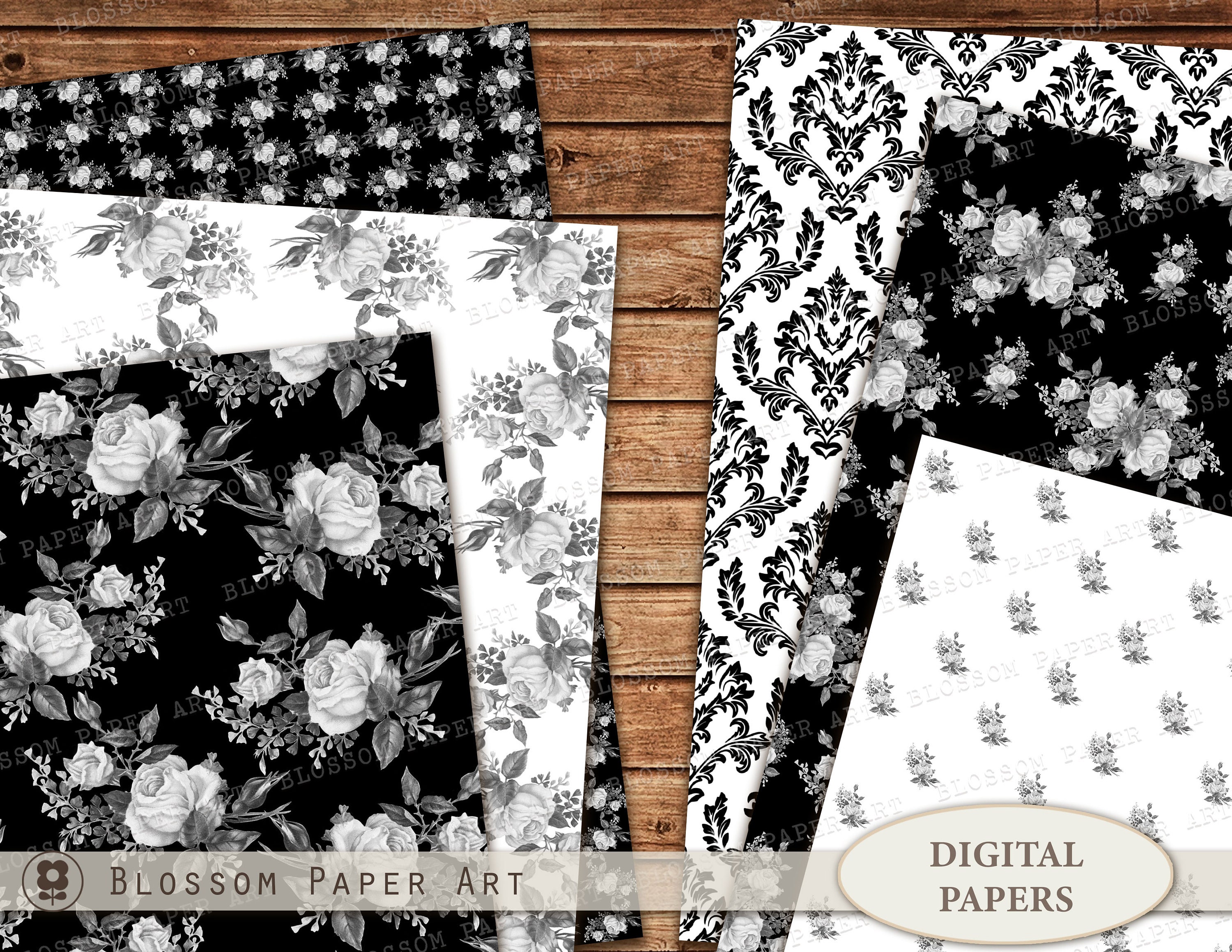 Digital Paper Black and White Rose Digital Paper Scrapbook - Etsy