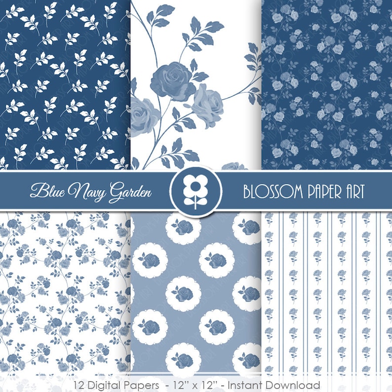 Blue Navy Digital Paper Blue Floral Digital Paper Pack Roses - Etsy UK