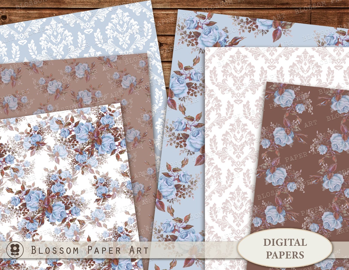 Blue and Brown Digital Paper Rose Digital Paper Pack Floral - Etsy