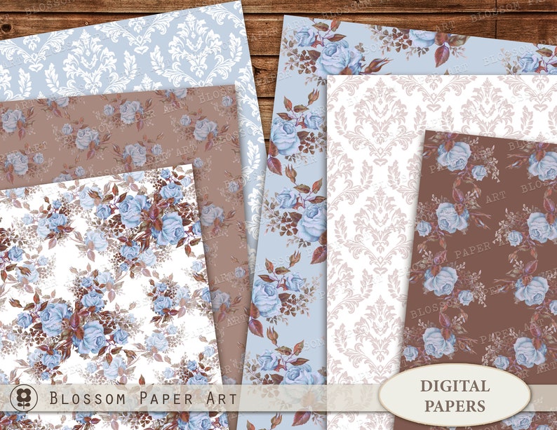 Blue and Brown Digital Paper Rose Digital Paper Pack Floral - Etsy