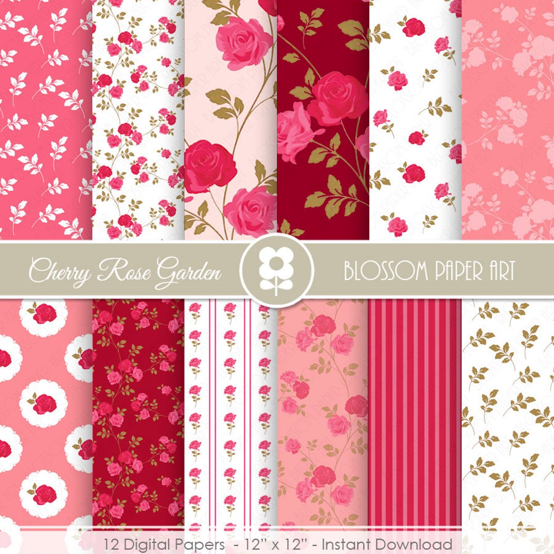Rose Digital Paper, Shabby Chic Scrapbooking Paper Pack, Cherry Roses ...