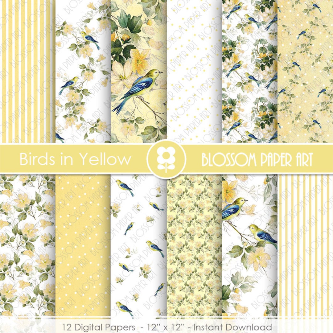 Birds Digital Paper, Yellow Digital Paper Scrapbook Paper Pack ...