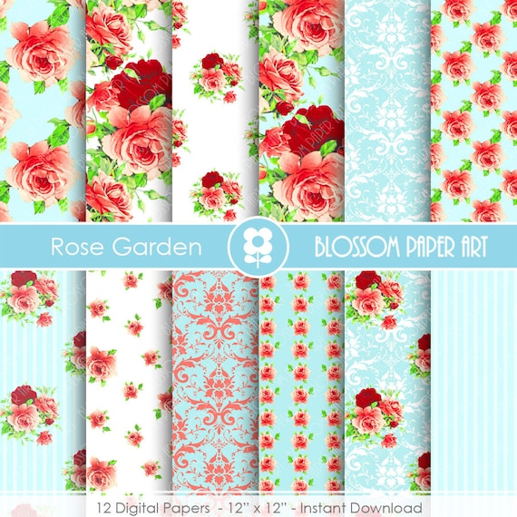 Pink Rose Digital Paper Light Blue Rose Digital Paper Pack | Etsy