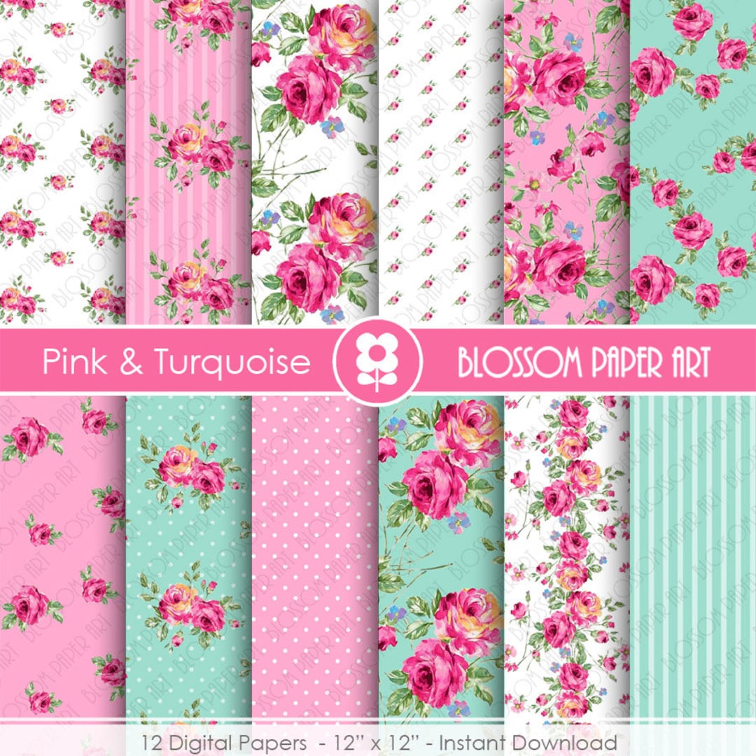Pink Floral Papers, Light Blue Floral Paper Pack, Digital Scrapbooking ...