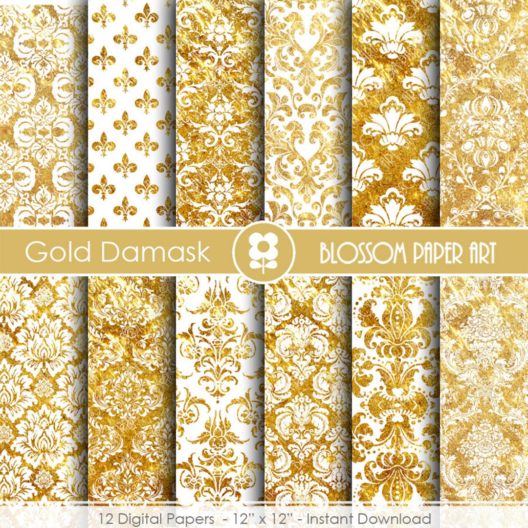 Gold Damask Digital Paper, Gold Digital Paper Wedding Scrapbook Paper ...