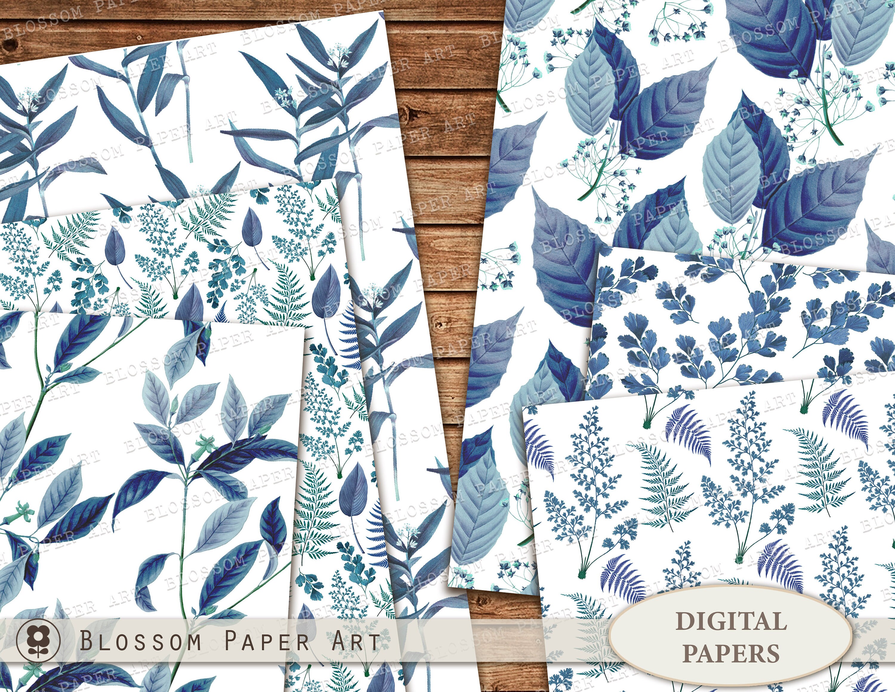 Leaves Digital Paper Blue Leaves Scrapbook Nature - Etsy Canada