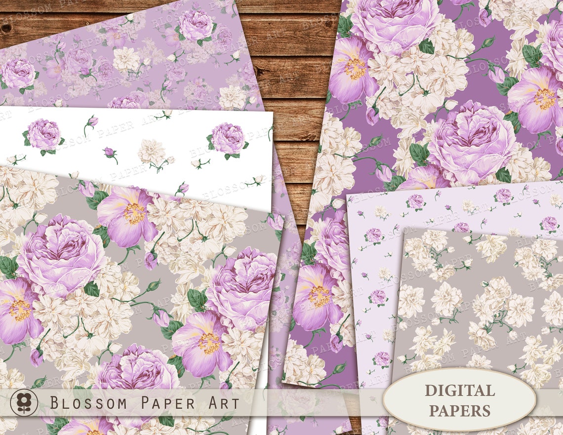 Purple Roses Digital Paper: Shabby Chic Floral Scrapbook Pack (digital ...