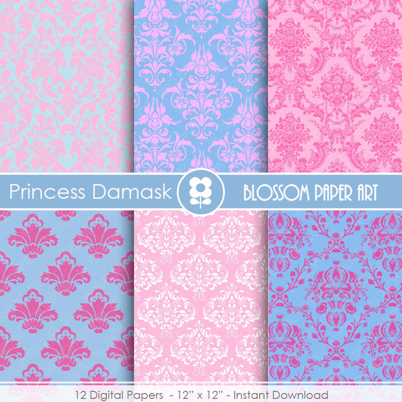 Princess Paper Pink Light Blue Digital Damask Paper Pack - Etsy