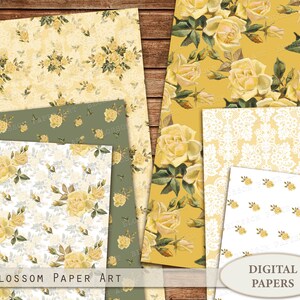 Yellow Digital Paper, Floral Scrapbook Paper, Roses Digital Paper ...