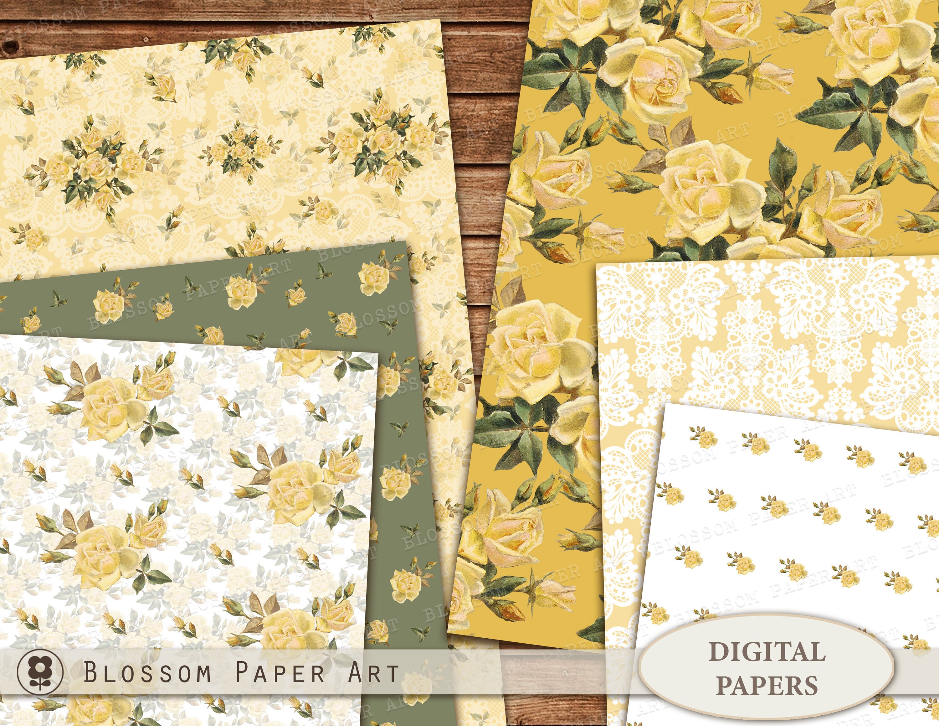 Yellow Floral Digital Paper, Scrapbook Collage Sheets (digital Download ...