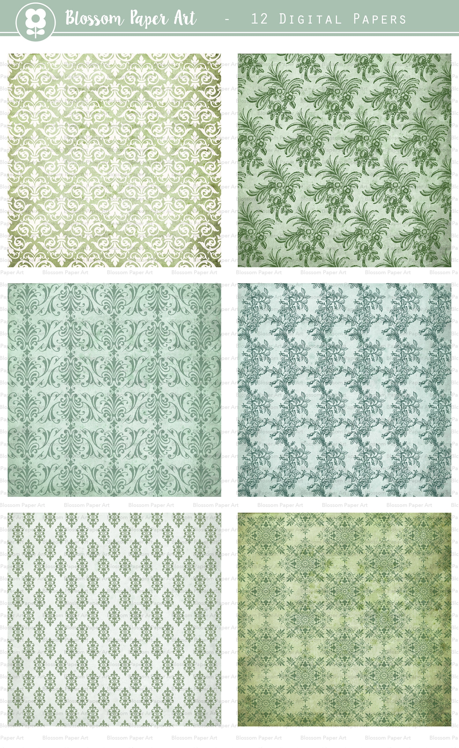 Damask Digital Paper Green Vintage Digital Paper Pack - Etsy