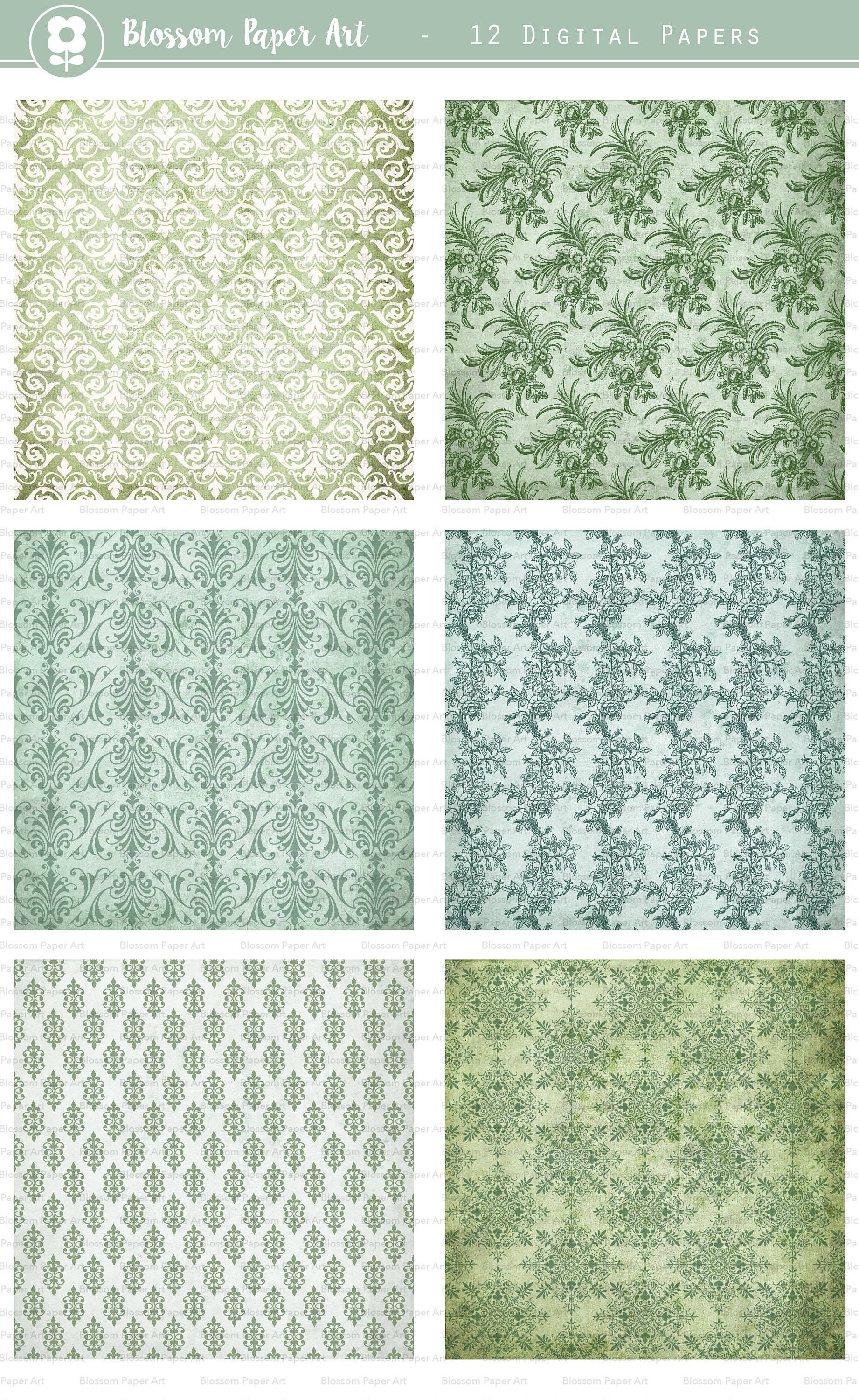 Damask Digital Paper Green Vintage Digital Paper Pack - Etsy