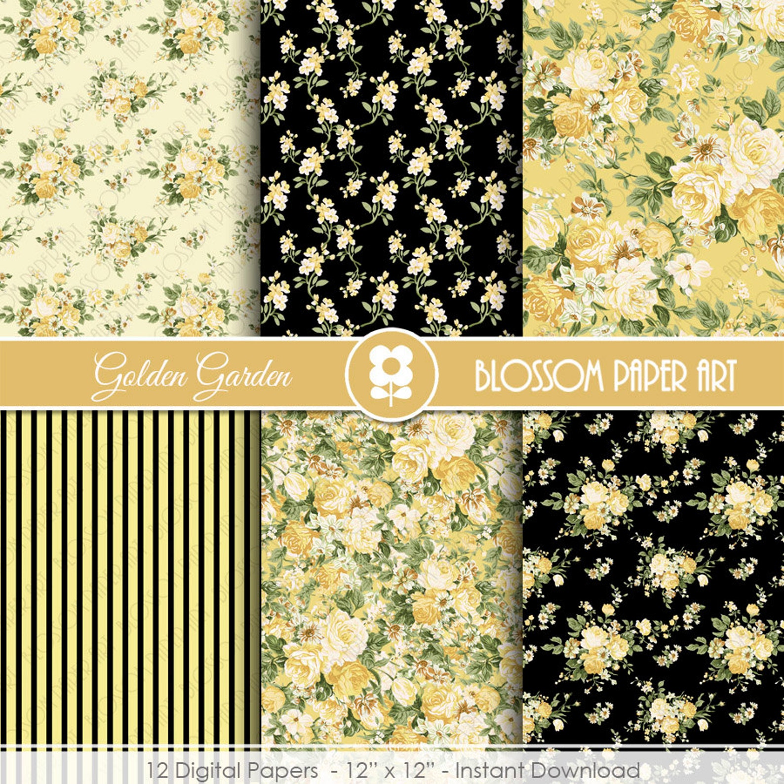 Papeles Floreados Negro y Dorado Papel Digital para imprimir | Etsy