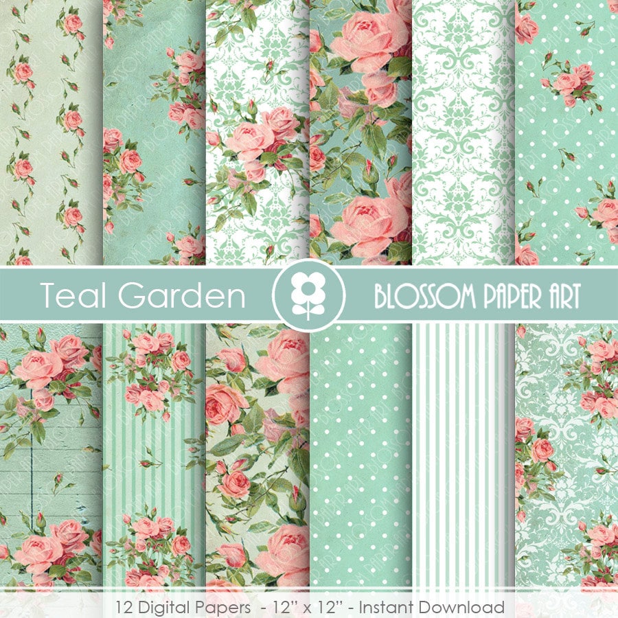 Teal Digital Paper Vintage Roses Shabby Chic Digital Paper - Etsy Canada