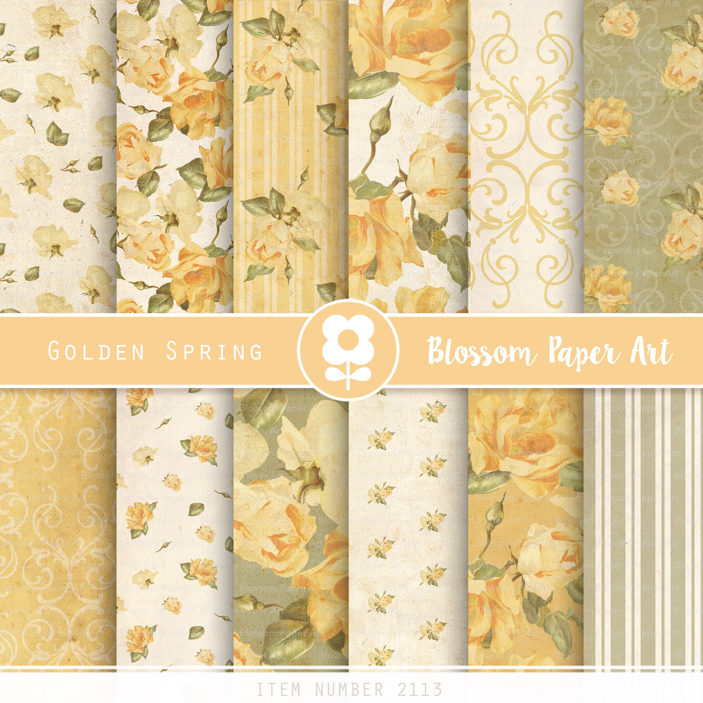 Yellow Digital Paper Floral Gold Digital Paper Pack Floral | Etsy