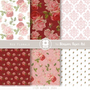 Red Roses Digital Paper, Floral Scrapbook, Rose Paper Pack ...