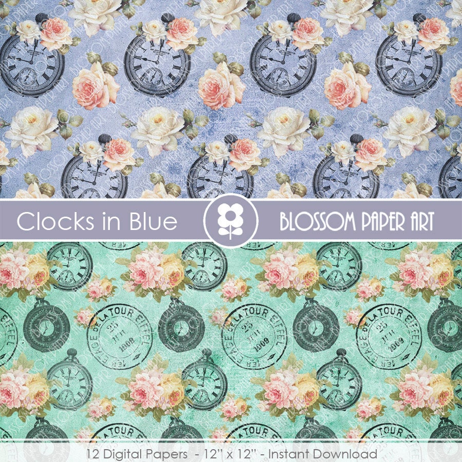 Blue Digital Paper Vintage Digital Paper in Blue Collage - Etsy