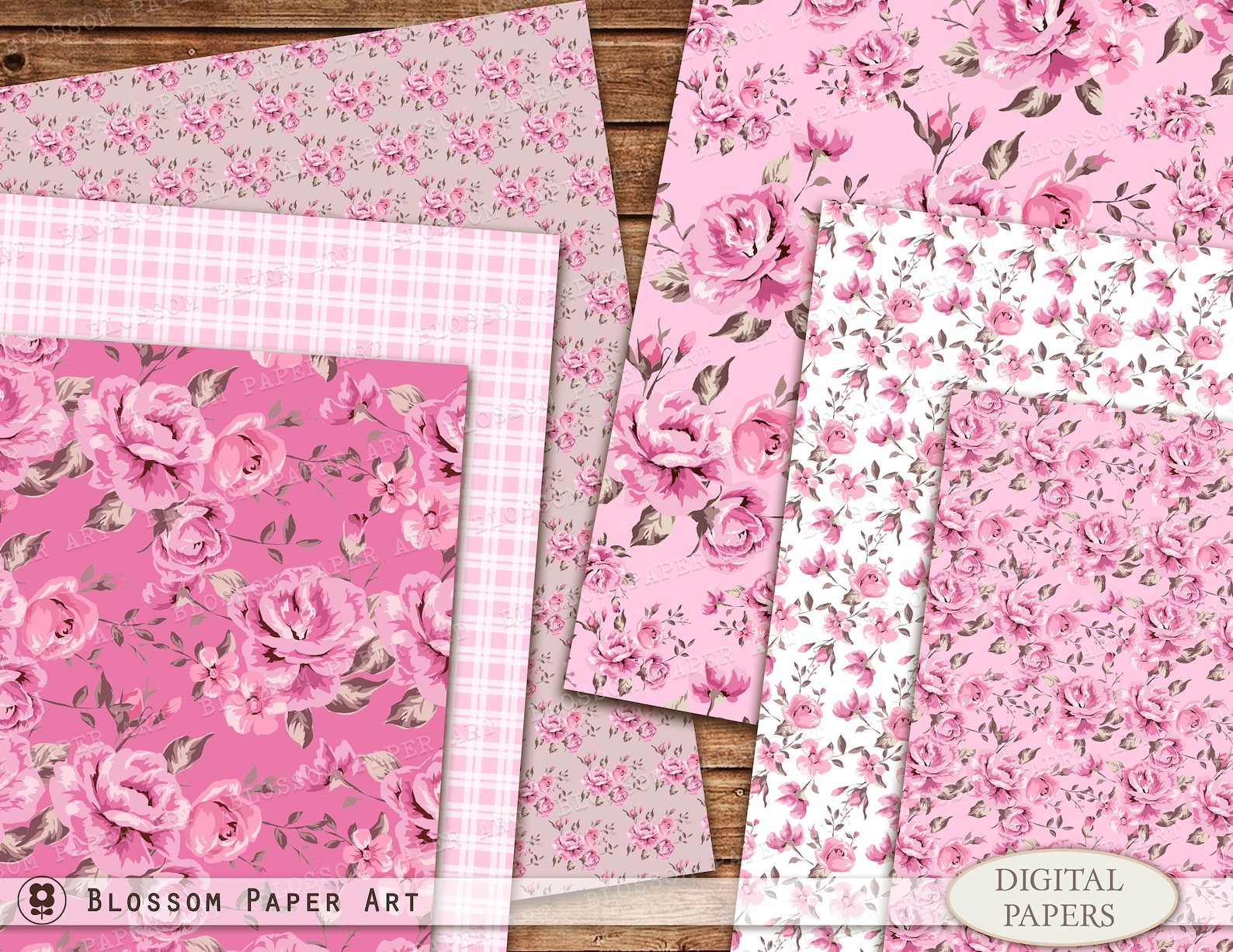 Pink Digital Paper, Shabby Chic Paper Pack, Roses Scrapbook Collage ...