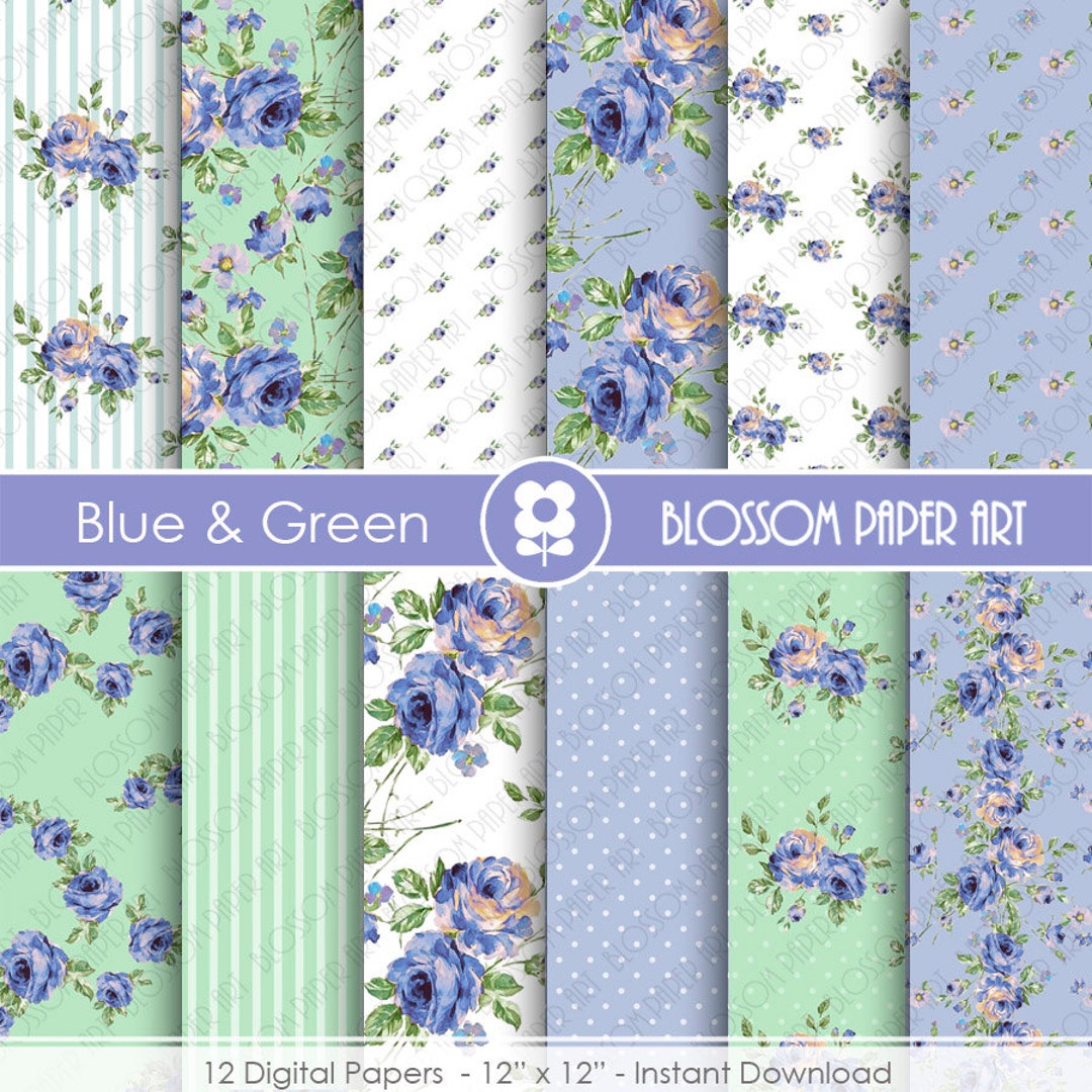 Floral Papers, Blue Green Floral Digital Paper Pack, Scrapbooking Rose ...