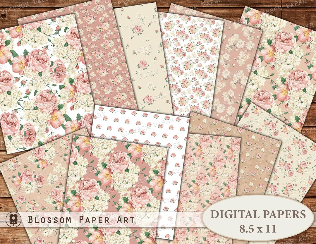 8.5x11 Digital Paper, Pink Scrapbook Paper, Floral Collage Sheet, Junk ...
