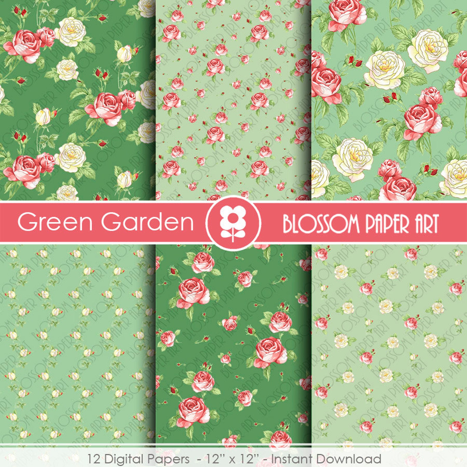 Green Scrapbook Paper Floral Digital Paper Roses Digital Paper - Etsy