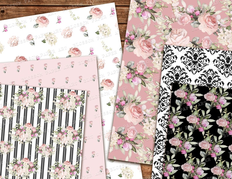 Floral Pink and Black Digital Paper Pack: Scrapbooking (instant ...
