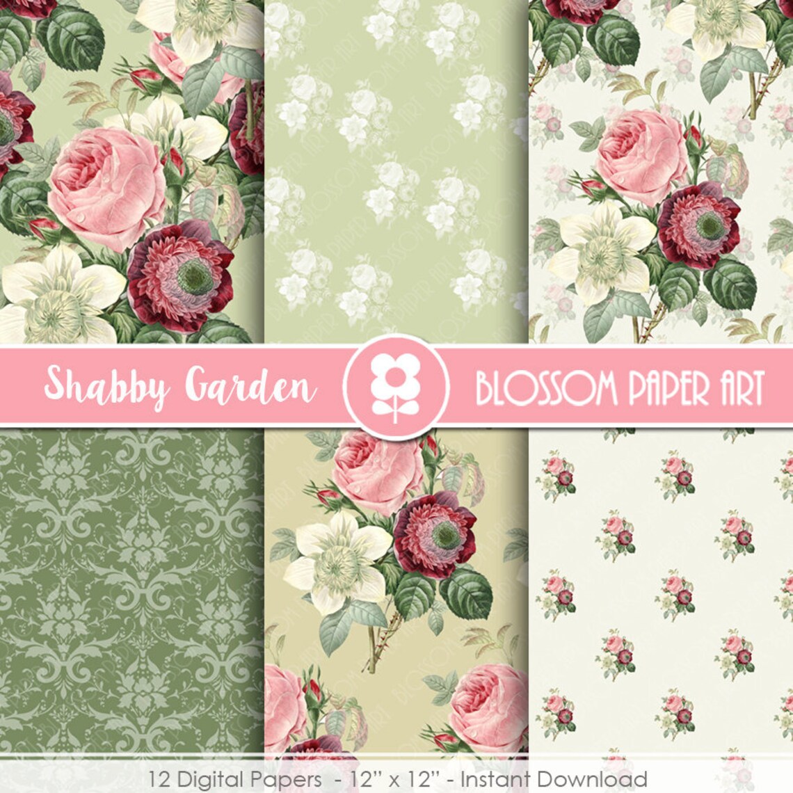Green Rose Digital Paper Floral Digital Paper Pack Vintage - Etsy