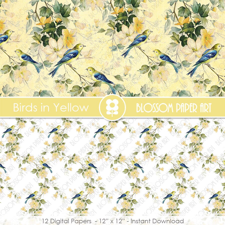 Birds Digital Paper Yellow Digital Paper Scrapbook Paper | Etsy