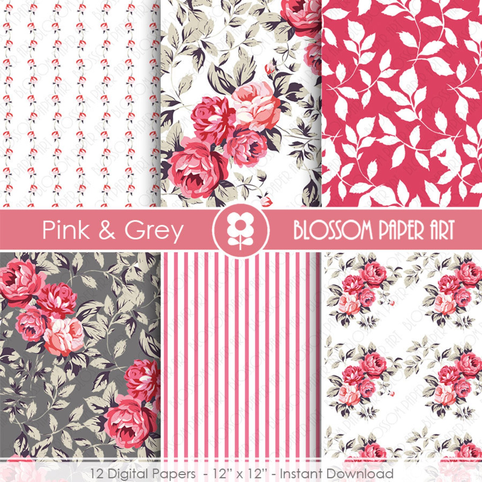 Floral Digital Paper Pack: Pink & Gray Roses (digital Download) - Etsy