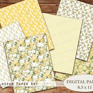 Yellow Digital Paper, Floral Scrapbook Paper, 8,5x11 Papers, Collage ...