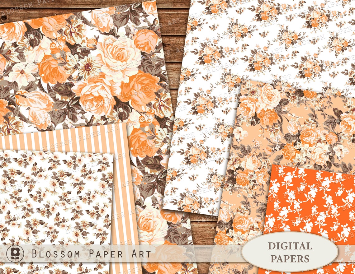 Floral Digital Paper Orange Scrapbook Papers Autumn Papers - Etsy