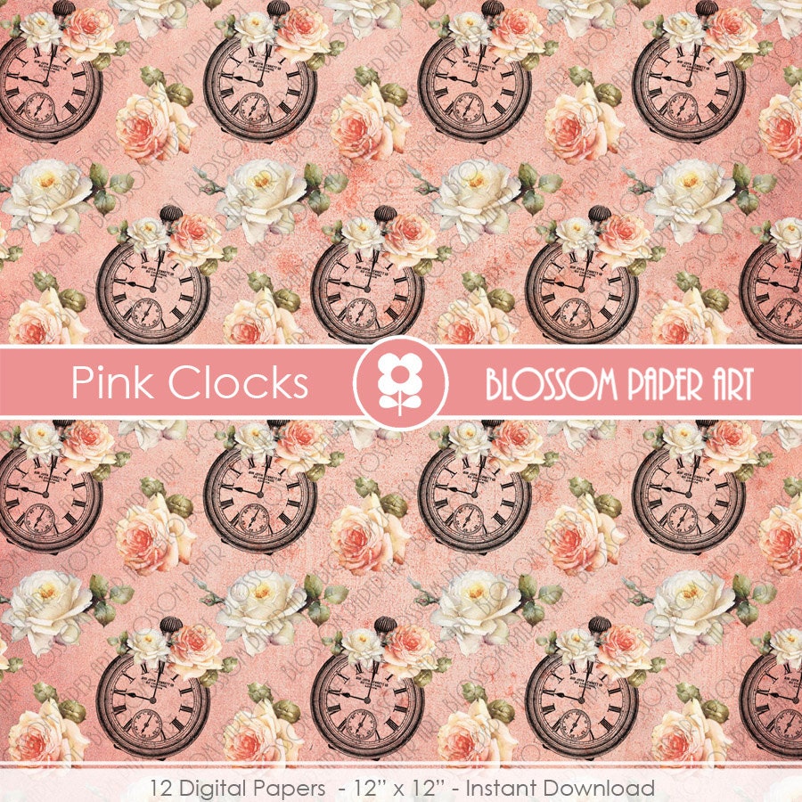 Vintage Digital Paper Clock Digital Collage Sheet Pink Roses | Etsy