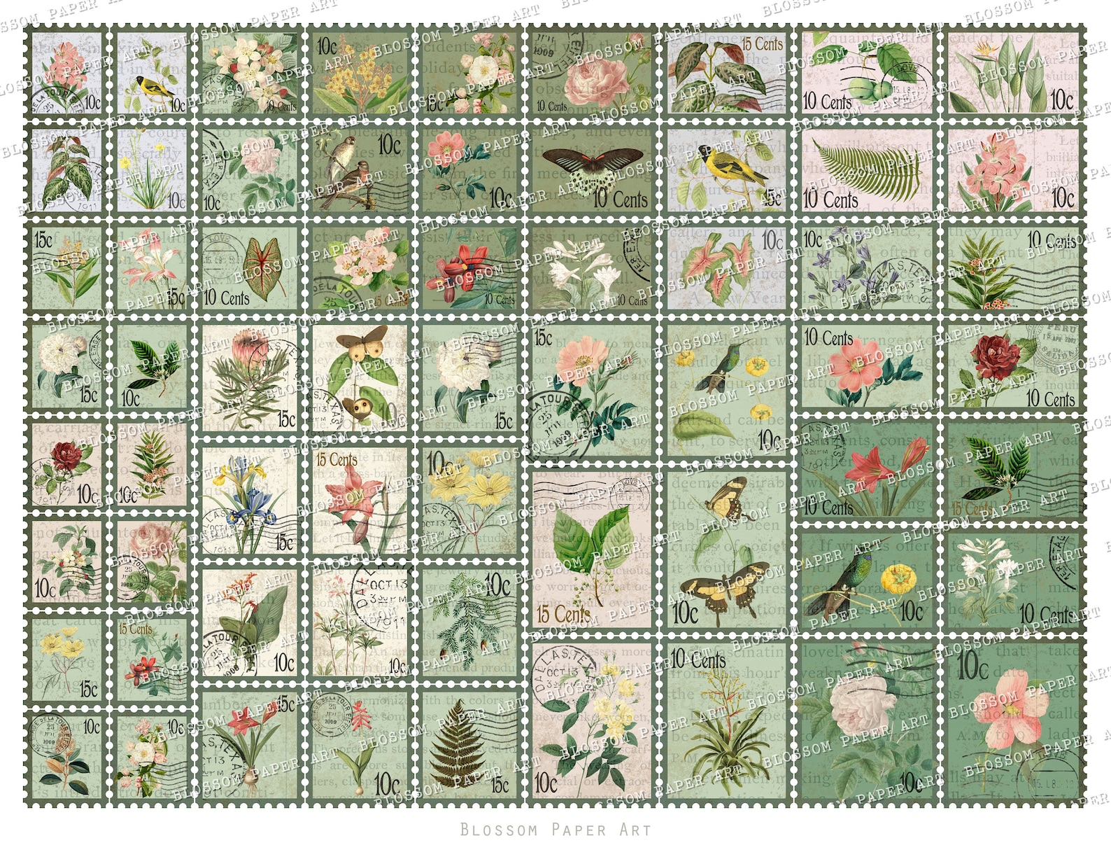 Printable Postage Stamps Collage Sheet Green Postage Stamps - Etsy