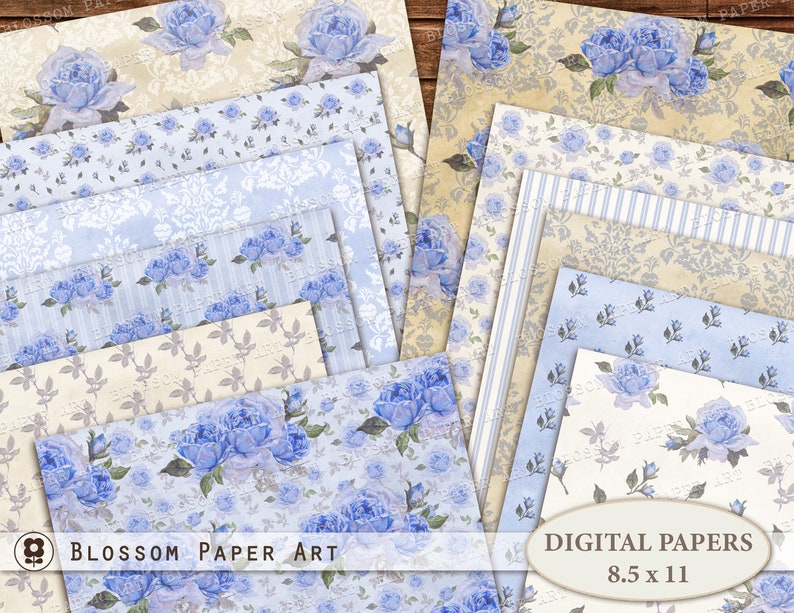 Blue Digital Paper Roses Scrapbook Paper Floral Collage | Etsy