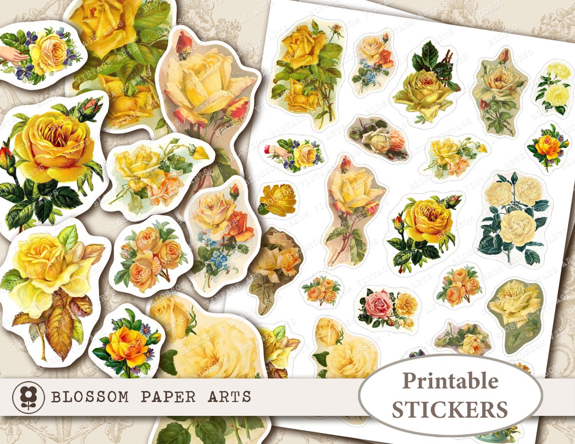 Printable Stickers VINTAGE Yellow Roses Digital Stickers - Etsy