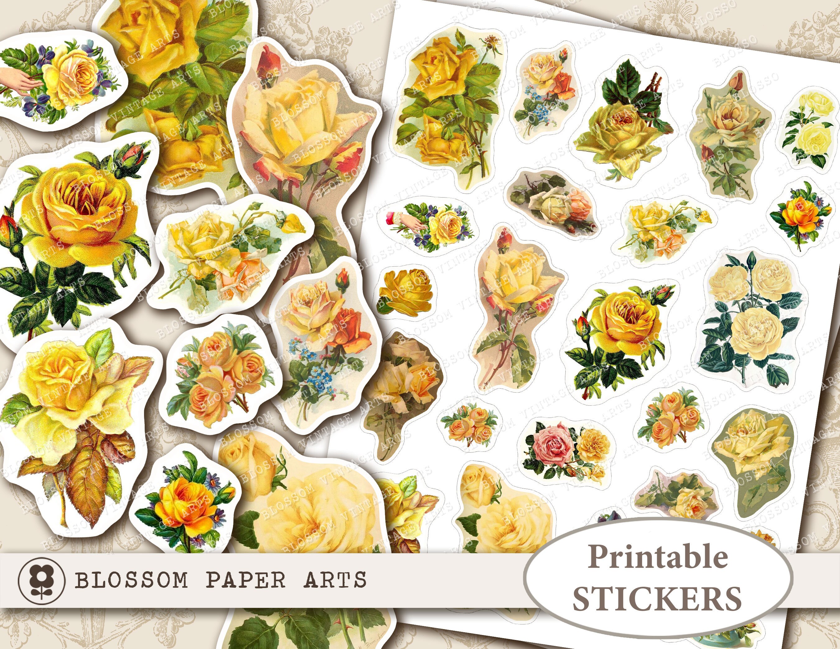 Printable Stickers VINTAGE Yellow Roses Digital Stickers - Etsy