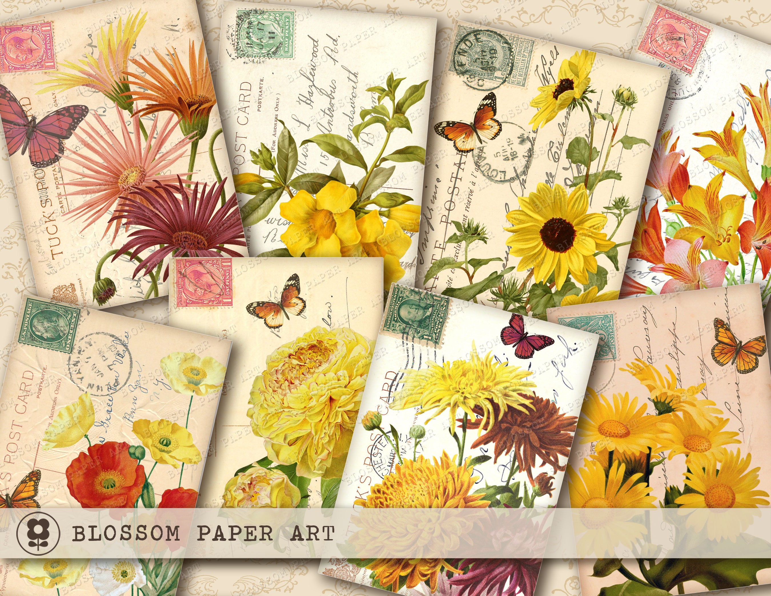 Printable Cards Digital Collage Vintage FLOWERS Digital | Etsy