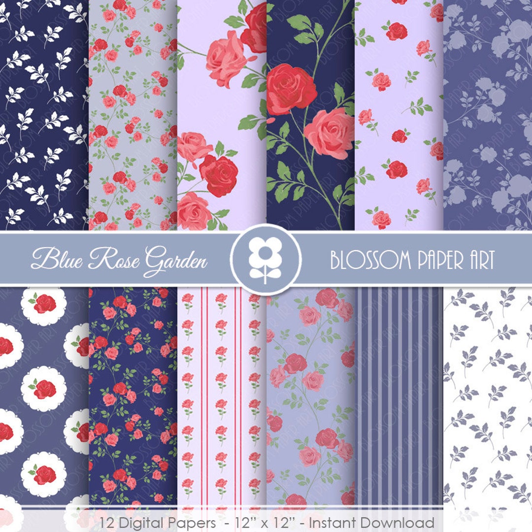 Blue Digital Paper, Floral Digital Paper Pack, Scrapbooking Flowers ...