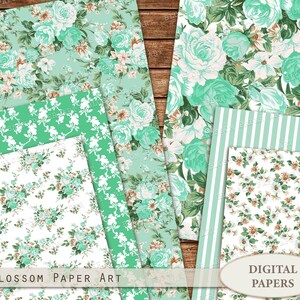 Green Mint Digital Papers, Floral Digital Paper Pack, Rose Digital ...