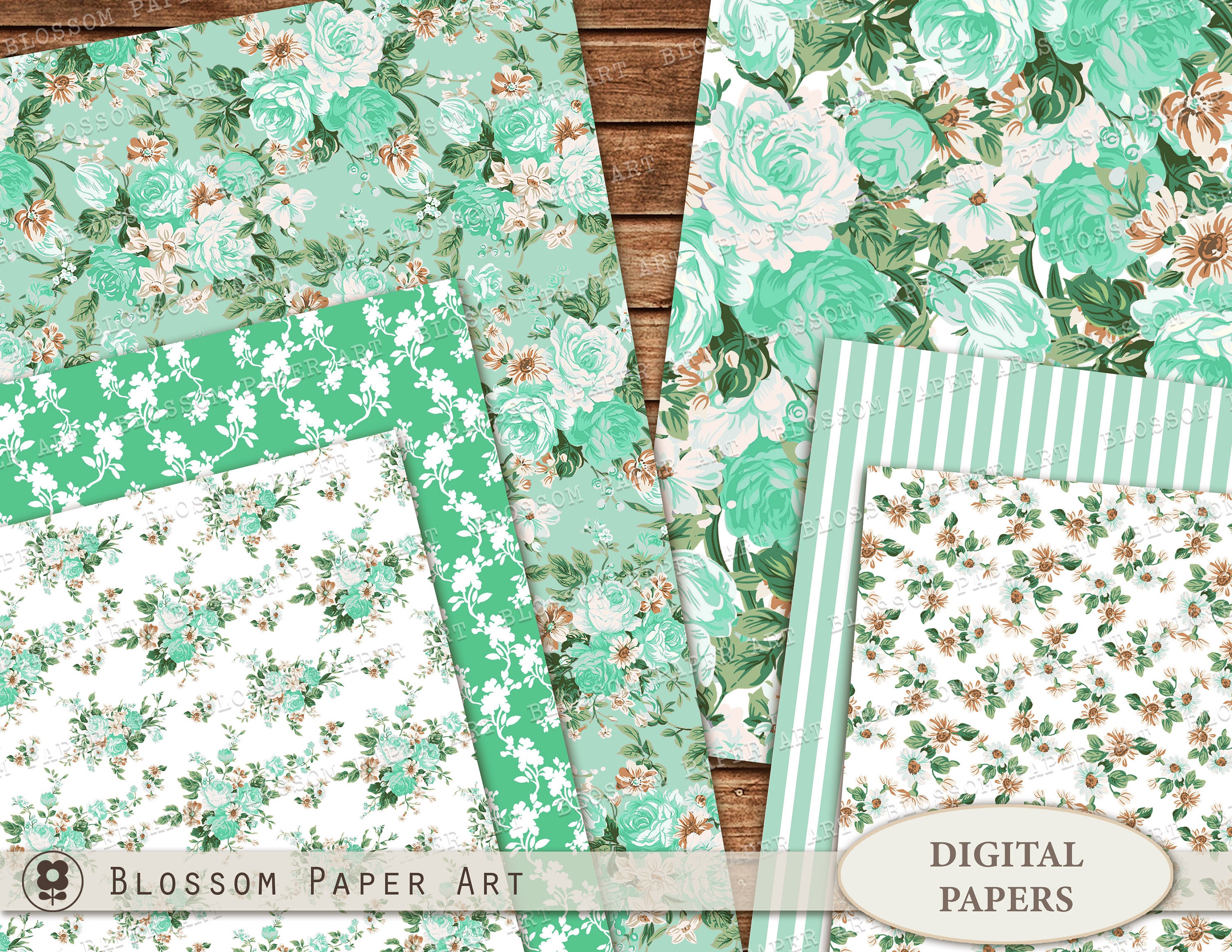 Green Mint Digital Papers Floral Digital Paper Pack Rose - Etsy