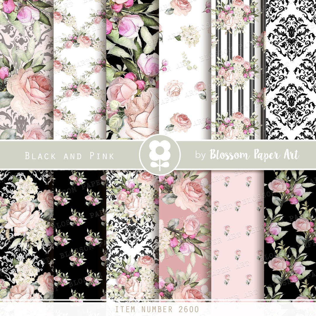 Floral Pink and Black Digital Paper Pack: Scrapbooking (instant ...