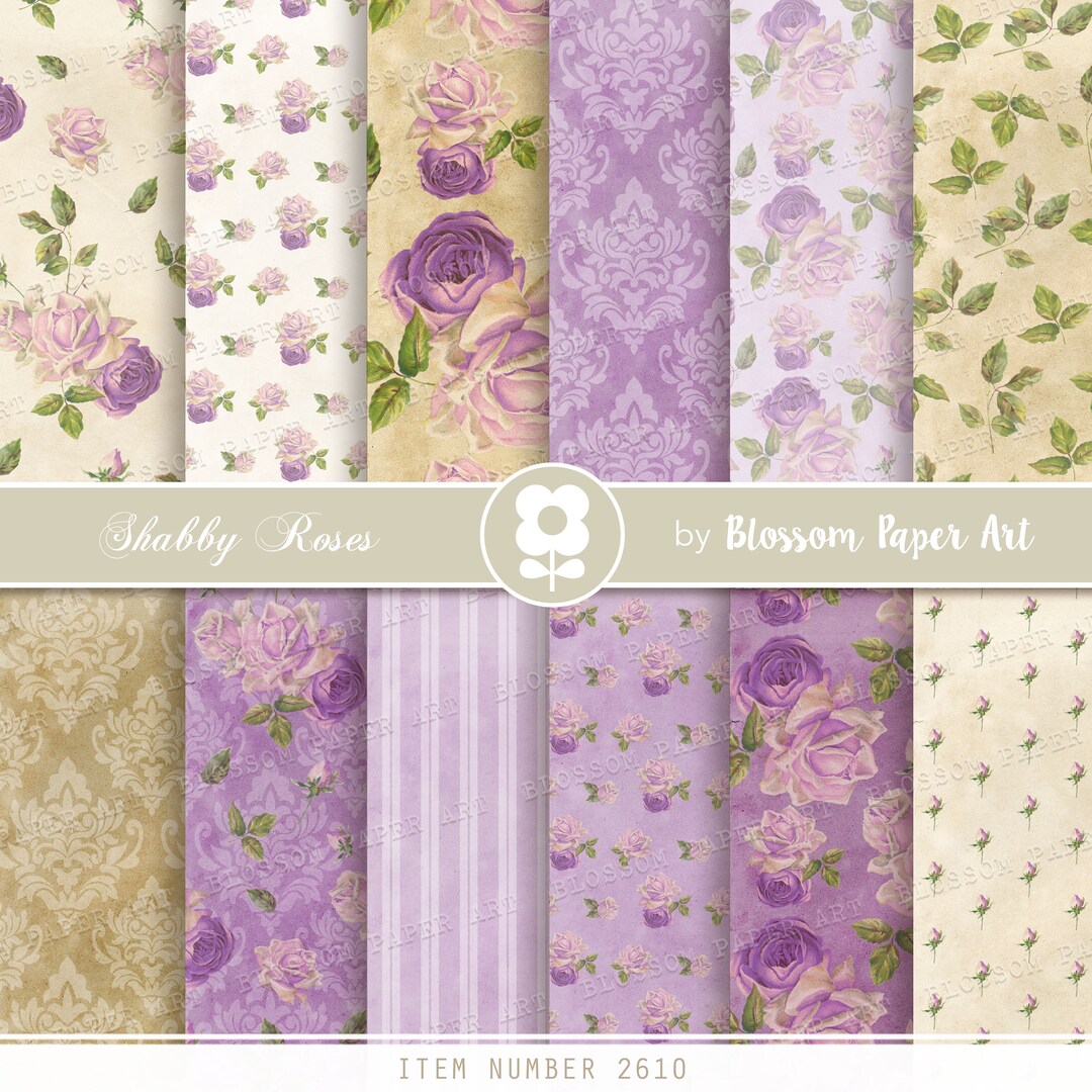 Purple Floral Digital Paper, Shabby Chic Digital Paper Pack, Vintage ...